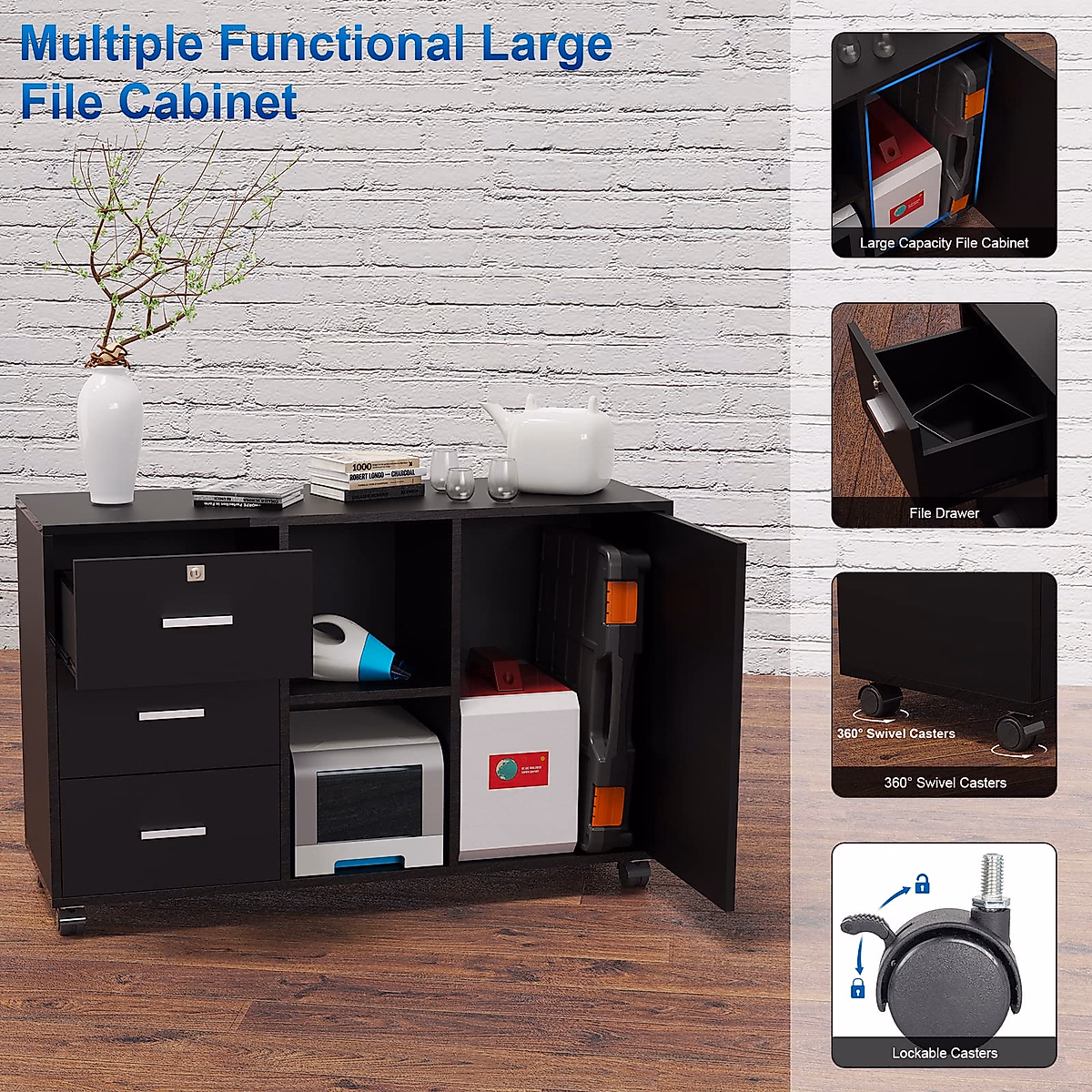 ZIAERKOR Mobile File Cabinet with Lock, Lateral File Cabinets with 3 Drawer Office Filing Cabinet Home Office Organization and storageCabinet Printer Stand with Open Storage for Home Office, Black