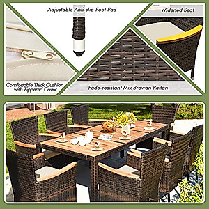 GLACER 9 Pieces Outdoor Patio Dining Set, 75" Large Acacia Wood Wicker Dining Table & Stackable Cushioned Chair Set, Rattan Dining Furniture Set for Backyard, Garden, Poolside, Patio Dining Set for 8