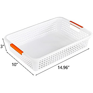 Lawei 8 Pack Large Plastic Sorage Basket with Handle - 15 x 10 x 3 Inch Pantry Organizer Basket Bins Desktop Paper Storage Basket for Organization, Countertops, Cabinets, Bedrooms, Bathrooms
