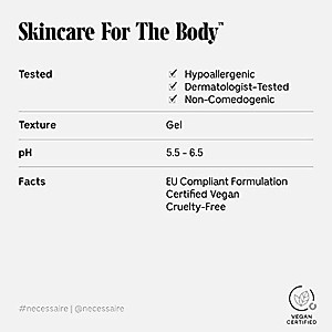 Nécessaire The Body Wash. Eucalyptus. Multi-Vitamin Gel Cleanser. Nourish, Soften. Hypoallergenic. Dermatologist-Tested. No SLS / SLES. 250 ml / 8.4 fl oz