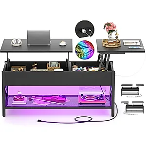Besiost Lift Top Coffee Table with Storage, LED Light & Power Outlet and Hidden Compartment, Retro Center Table for Living Room, X Support Wood Tabletop, Metal Frame