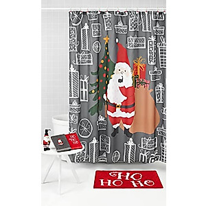 17-Piece Christmas Holiday Bathroom Accessory Set with | Resin Liquid Soap Pump| Bath Rug | Shower Curtain | 12 Curtain Hooks | 2 Hand Towels| Gift Box Set | Xmas Decor (Silly Santa)