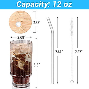 AKONEGE Ribbed Glassware Drinking Glasses with Lid and Straws, 12oz Ribbed Glass Cups Vintage Fluted Glassware Set of 4, Iced Coffee Cup, Coffee Bar Accessories for Whiskey Cocktail Beer Coffee Tea