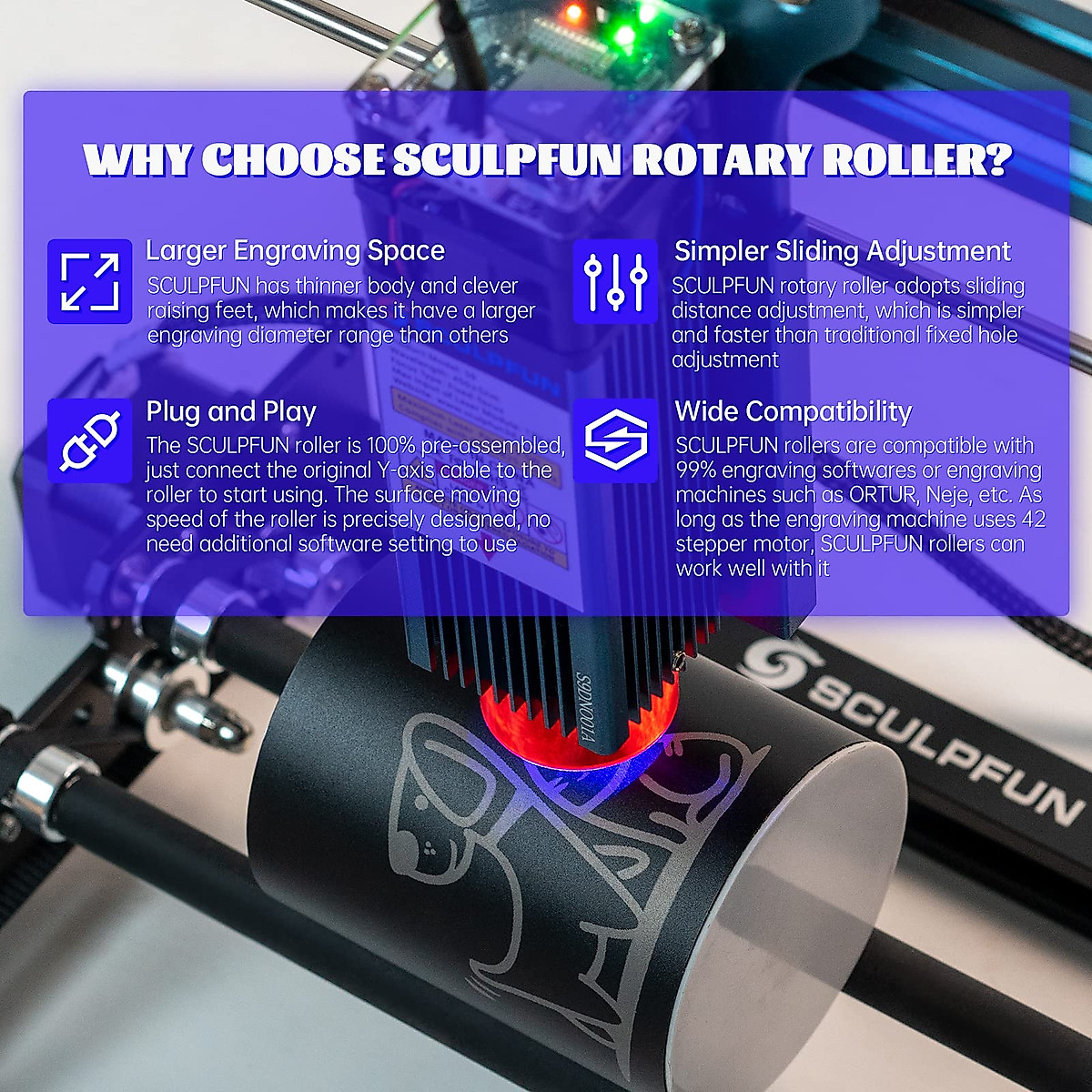 SCULPFUN Laser Rotary Roller, Laser Engraver Y-axis Rotary Module, 360° Laser Rotary Attachment for Engraving Cylindrical Objects Cans, Compatible with Most Laser Engraving Machines on The Market