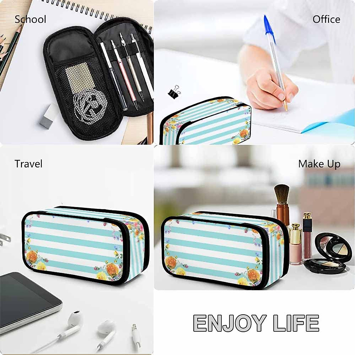 Yakuna Retro Flower Garland Pencil Pouch Beautiful Watercolor Bouquet Roses Meadow Flowers Butterflies Pencil Case Office College School Student Large Storage Zipper Pouch