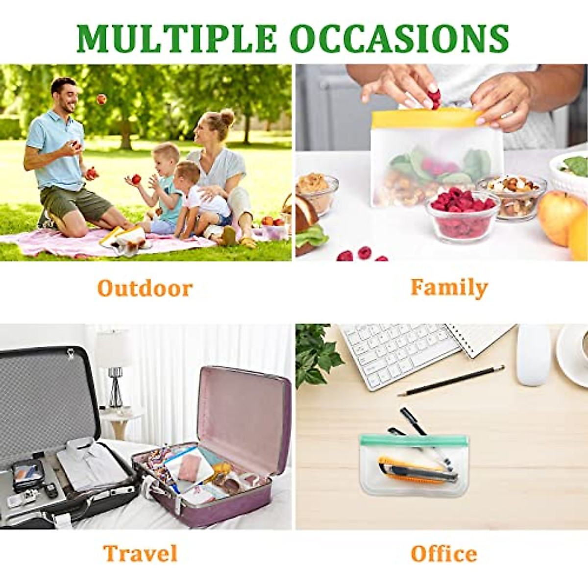 10PCS Food Storage Bags Silicone, Leakproof Reusable Storage Bags, Reusable Snack Bags Silicone for Home Food Storage, Kids School Lunch,Picnic and Travel