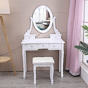 Outvita Makeup Vanity Set with 10 LED Bulbs, 5 Drawers Dressing Table with Rotating Lighted Mirror and Cushioned Stool,Bedroom Vanities Set White