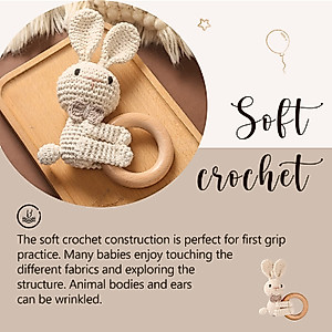 WOODEN TEETHER Crochet Baby Rattle, Crochet Baby Toys, Organic Wooden Newborn Toys, Newborn Animal Rattle Toys，Knitted Stuffed Animals Gifts for Baby, Orange Fox