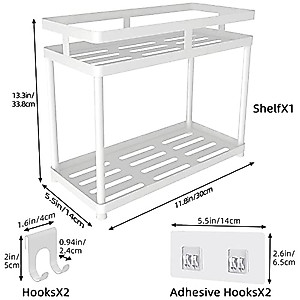 FLE Under Sink Organizer, 2 Tier Metal Under Bathroom Sink Storage Baskets with Hooks, Self Adhesive White Under Sink Shelf Organizer for Bathroom Kitchen