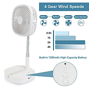 Portable Foldable Desk Table Fan, Pedestal Floor Fans with USB Rechargeable Battery Operated, Quiet Standing Fans for Home Bedroom Office Travelling Camping, White (Remote Control Included)