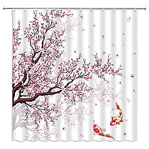 4 Pcs Cherry Blossom Shower Curtain Sets,Pink Floral Plum Blossom Blooming Spring Asian Japanese 70&quot;x 70&quot; Bathroom Curtain with 12 Hooks,29.5&quot;x 17.8&quot; Bath Mat,Toilet Seat Cover, U-Shaped Toilet