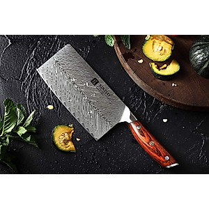 XINZUO Damascus Steel 7 Inch Cleaver Knife, Professional Butcher Knife Sharp Chinese Chef Knife Chopping Knife Kitchen Knife Vegetable, Ergonomic Rosewood Handle-Yi Series