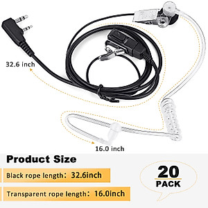 20 Pack Walkie Talkies Earpiece with Mic Radio 2 Pin Acoustic Tube Headset Earpiece Compatible with Baofeng UV-5R Retevis H-777 RT1 RT21 RT22 Arcshell AR-5 2 Way Radio