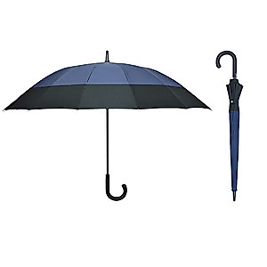 Kung Fu Smith Men Auto Open Stick Umbrella for Rain and Sun, Patchwork Blue and Black Umbrella Canopy, Hook Handle