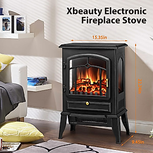 Xbeauty Electric Fireplace Stove with Realistic Flame,Infrared Freestanding Fireplace Heater,Portable,Retro Design,Thermostat,Overheating Safety,1000W/1500W(15 Inch)