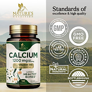 Calcium 1200 mg with Vitamin D3, Calcium Supplement Vitamins, Supports Bone Strength, Teeth & Immune System, Calcium Supplements for Women & Men, Nature's Absorbable Calcium Carbonate - 180 Tablets