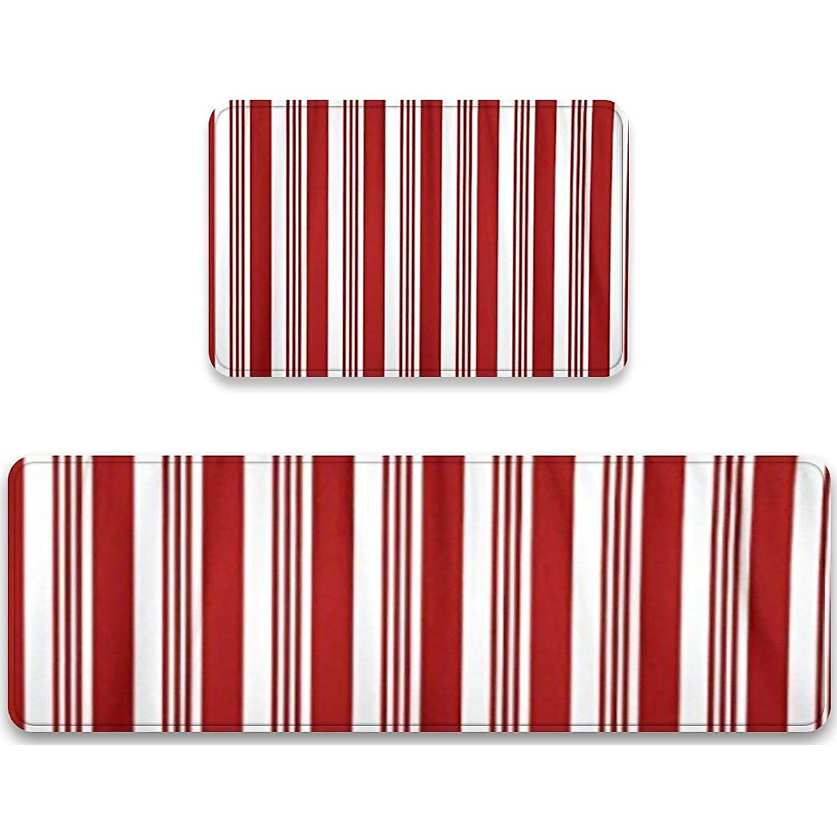 Kitchen Rugs and Mats 2 Pieces,Abstract Red and White Striped Candy Cane Pattern Christmas,Cushioned Anti-Fatigue Comfort Mat Waterproof Non Slip Standing Runner Rug Set