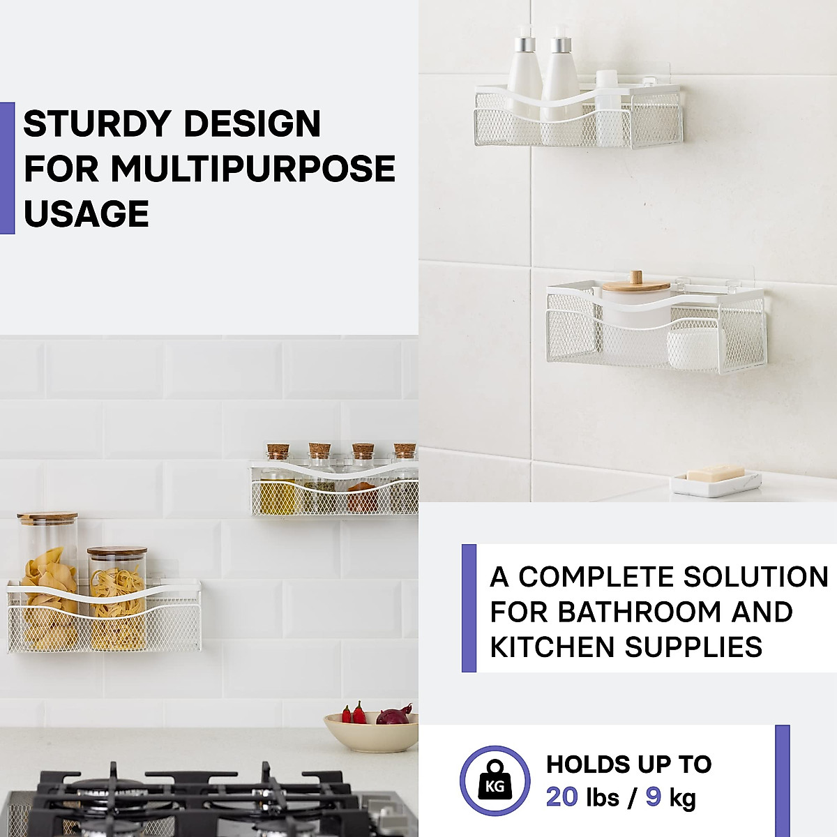 KINCMAX Mesh Shower Caddy (2-Pack), Rustproof Stainless Steel, Adhesive Wall Mount Baskets with Hooks, Mesh Design (Matta White)