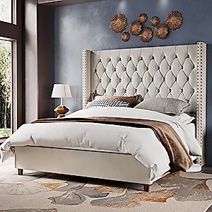 Jocisland Queen Size Upholstered Bed Frame 61.4" High Headborad Velvet Tufted Handmade Pleat Deep Button/Cream
