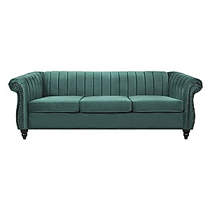 MIYZEAL Modern 3 Seater Tufted Couch, Velvet Chersterfield Sofa with Channel Back, Roll Arm Classic Settee Upholstered Couch for Living Room Office (Green)