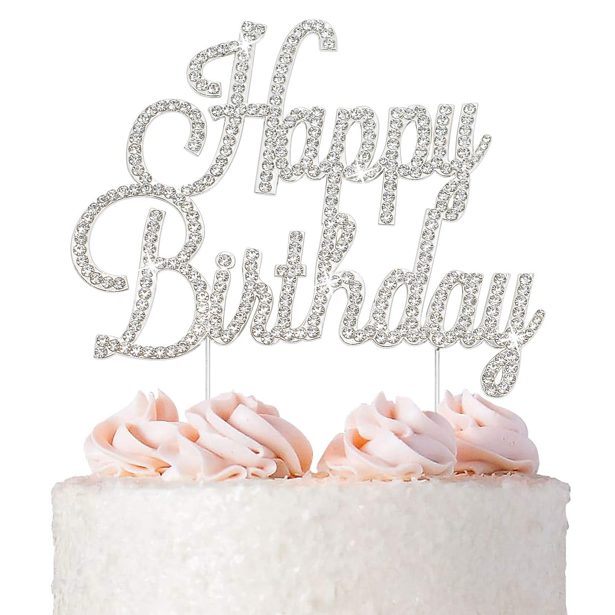 Happy Birthday Cake Topper - Premium Silver Metal - Happy Birthday Party Sparkly Rhinestone Decoration Makes a Great Centerpiece - Now Protected in a Box