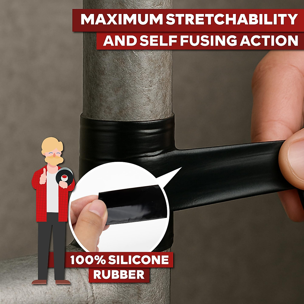 XFasten Self Fusing Silicone Tape Black 1" X 36-Foot, Silicone Tape for Plumbing, Leak Seal Tape Waterproof, Silicone Grip Tape, Rubber Tape Thick for Pipe, Hose Repair Tape, Stop Leak Tape