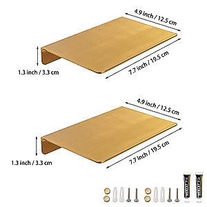 Veefos Small Gold Floating Shelves for Wall Decor 7.7 Inch, 2 Sets Bathroom Shelves Organizer Wall Mount, Sturdy Metal Wall Shelf for Plants Cell Phone Speakers Cameras Living Room Office