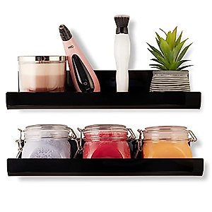Clear Acrylic Floating Wall Shelves, Two Pack, 15 Inch Wall Bookshelf for Kids, 5 mm Acrylic Shelves for Kitchen, Shower, Nursery. Spice Rack, Display Organizer, Bathroom Storage Shelves (Black)