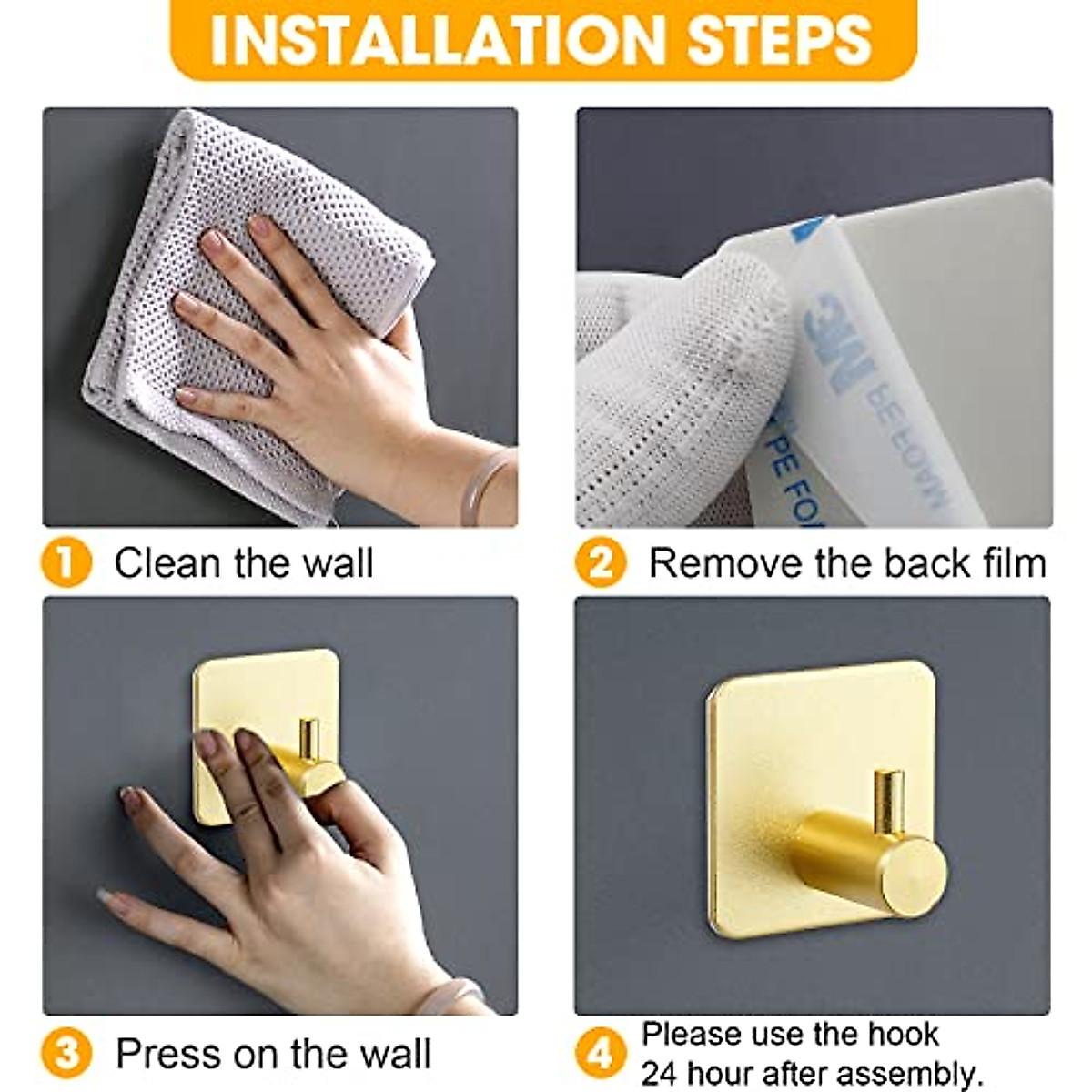 Welan 4 Pack Towel Hook, BathroomTowel Hook, Hand Towel Hook, No Screw Towel Hook, Waterproof, Removable