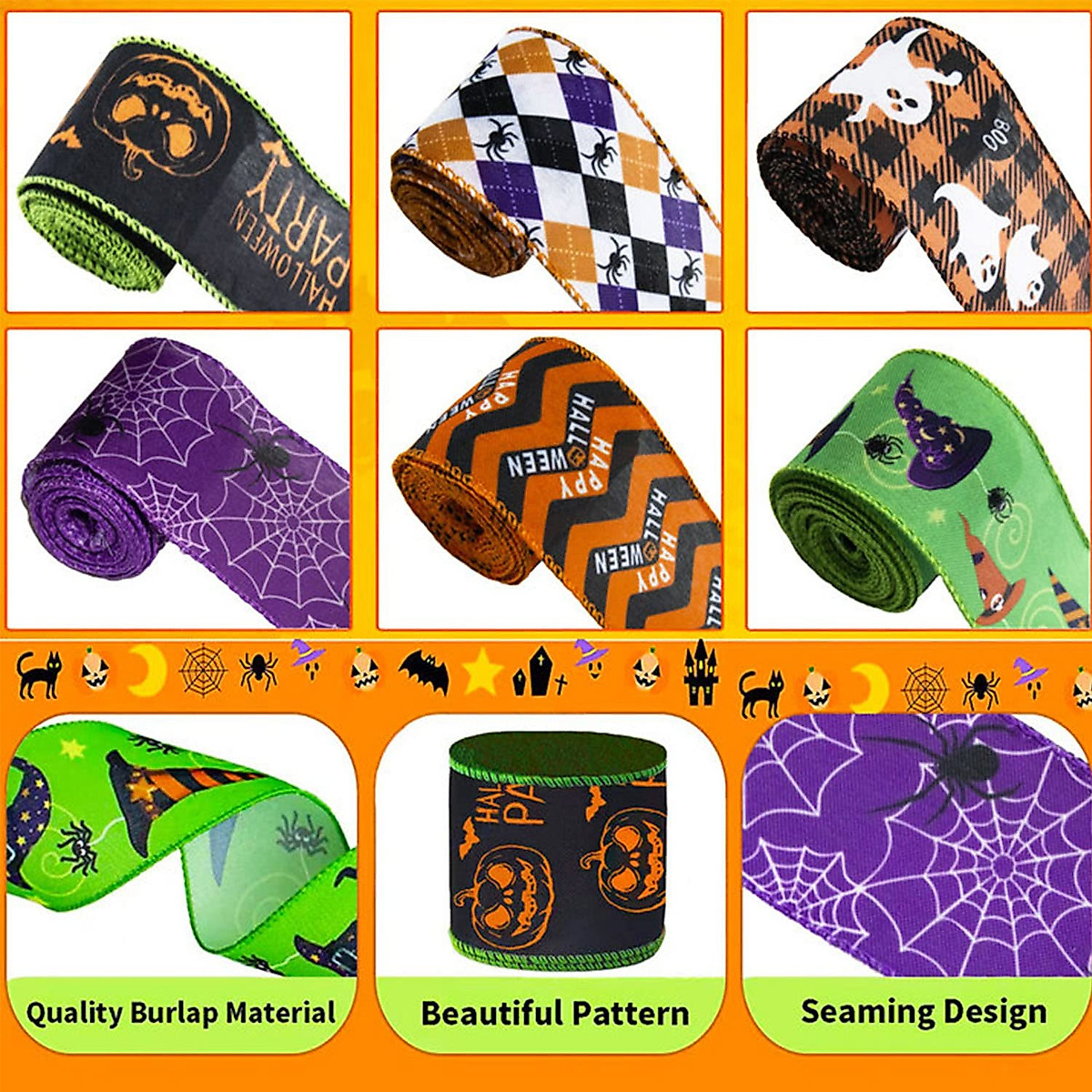 wency Ribbon Wired 2.5 Inch, 6 Rolls 30 Yards wency Ribbon,Pumpkin/Ghost/Spider Web/Stripe/Hat/Plaid wency Ribbon for Wreaths Bows Gift Wrapping Party Decor DIY Fall Rustic Crafts
