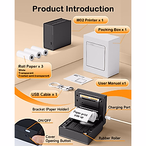 Memoking Sticker Printer, M02 Mini Printer Portable Bluetooth Mini Printer Sticker Maker with 3 Rolls Paper, Print Pods Mini Printer Pocket Printer with Multiple Templates for Phone & Tablet, Black