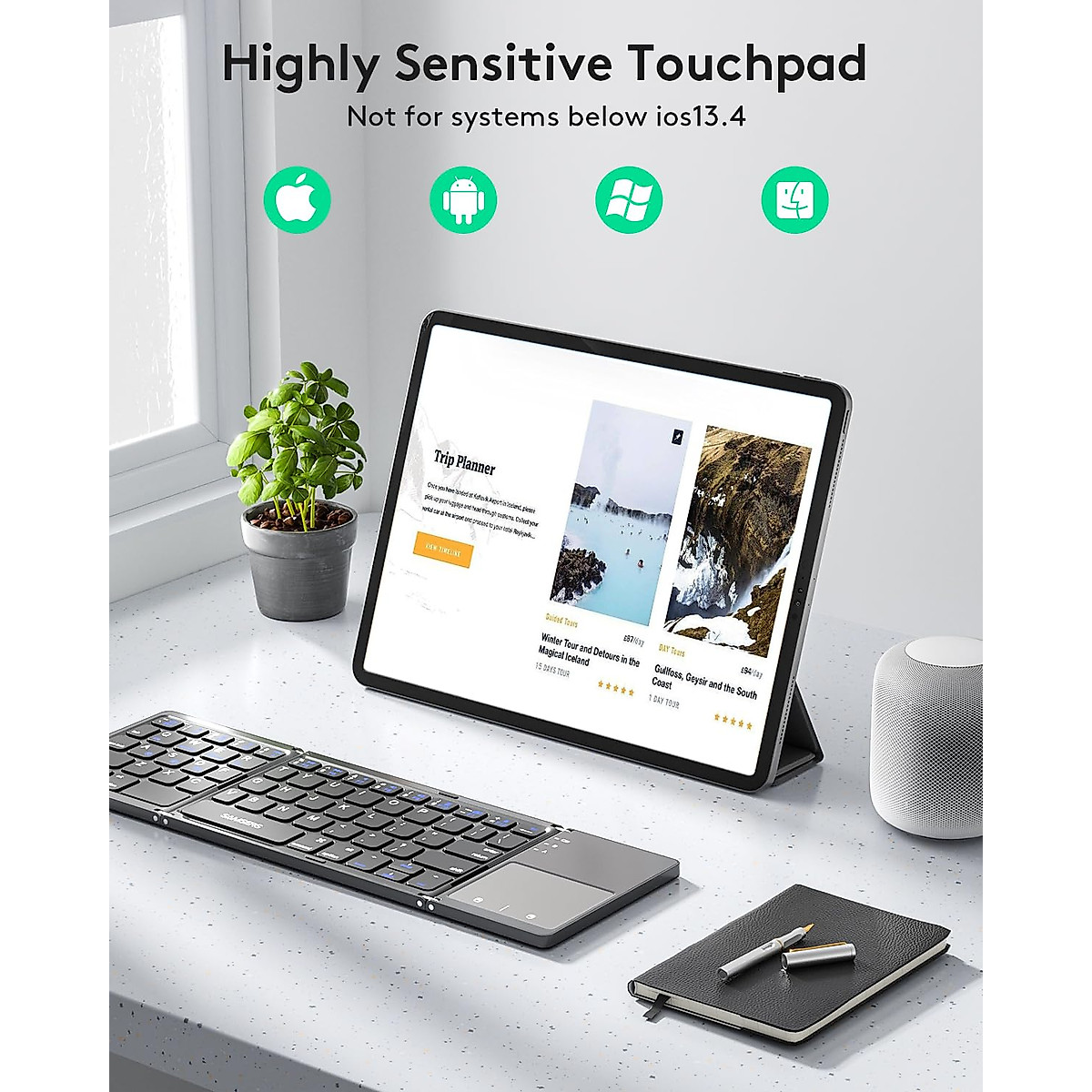 Samsers Multi-Device Foldable Bluetooth Keyboard with Touchpad Rechargeable Dual-Mode(2.4G+BTx2) Wireless Keyboard with Holder, Portable Ultra Slim Folding Keyboard for Android Windows iOS Mac OS
