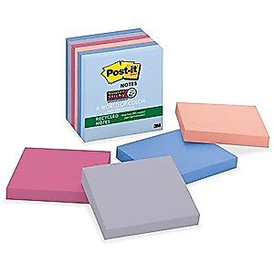 Post-it Super Sticky Recycled Notes, 5 Pastel Colors, Sticks and Resticks, 3 in x 3 in