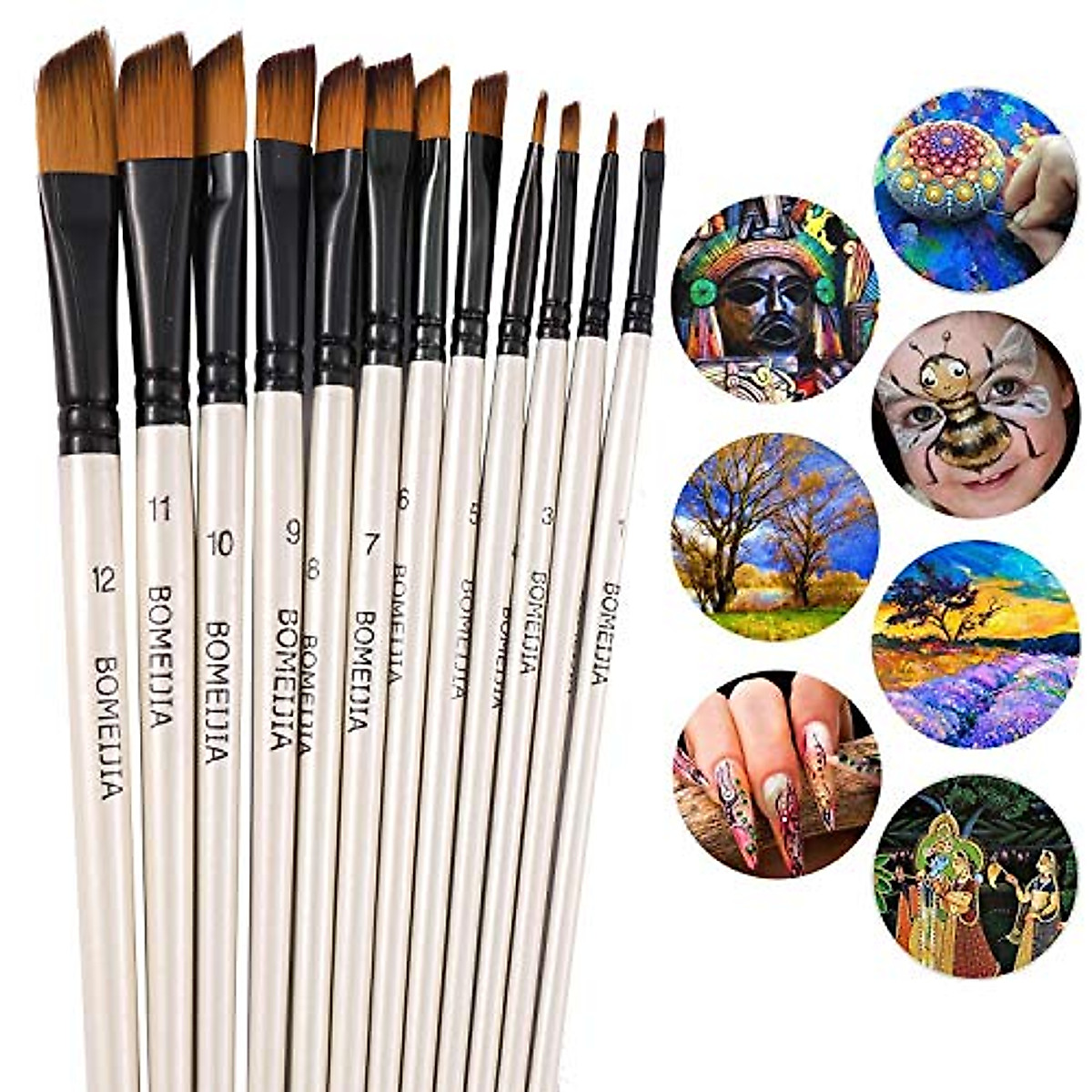 GETHPEN Angular Paint Brushes Nylon Hair Angled Watercolor Pait Brush Set for Acrylics Watercolors Gouache Inks Oil and Tempera(12pcs Pearl White Angled Paintbrush Set)