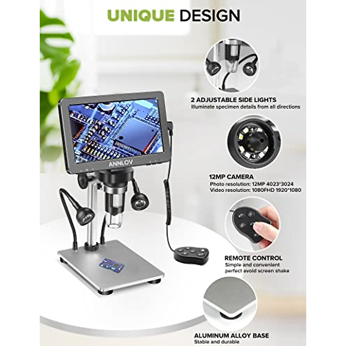 ANNLOV 7" LCD Digital Microscope with 32GB TF Card 1200X Maginfication 1080P Coin Microscope, 48Pcs Prepared Microscope Slide