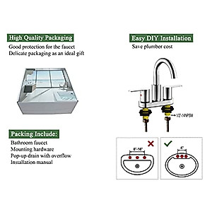 Chrome 4 Inch Centerset Bathroom Sink Faucet 3 Holes with Pop up Drain, High Arc Modern 2 Handle Bathroom Vanity Lavatory Faucet with Brass 360° Swivel Spout, TAF067E-CP