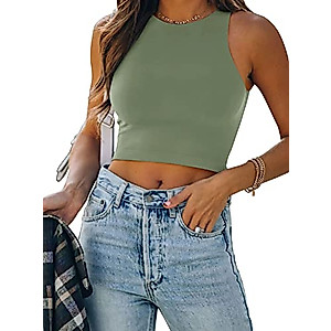 Women’s Sexy Sleeveless High Neck Racerback Cropped Tank Tops Cute Teen Girls Halter Neck Crop Tops Vest Olive Green Medium