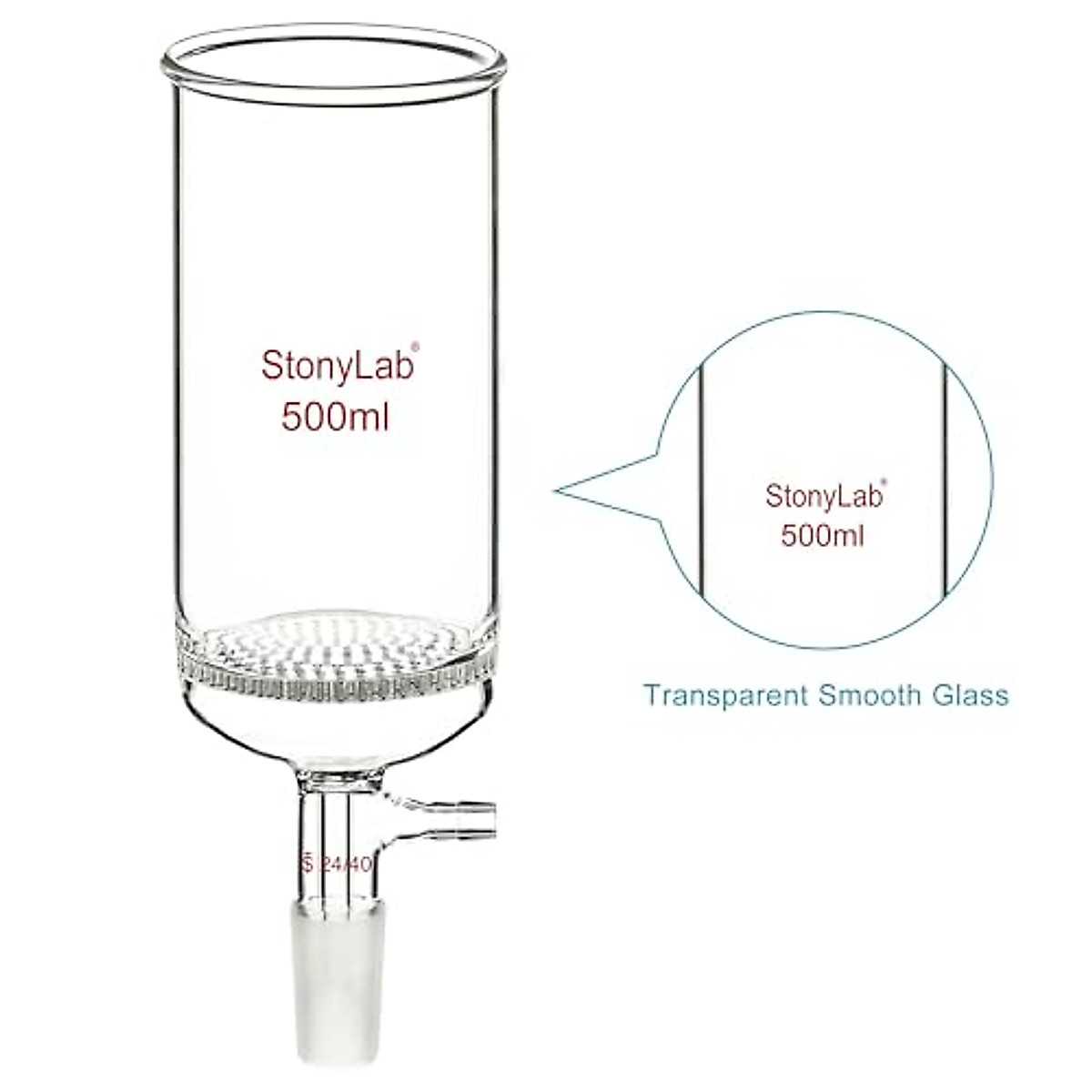 stonylab Glass Buchner Filtering Funnel, Borosilicate Glass Plate Filter Funnel with 9 mm Hose Connection and 24/40 Standard Joint for Filter Test, 500 ml