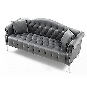 LIADTOP, 78.7" Classic Chesterfield Velvet Sofa Contemporary Upholstered Couch with Button Tufted and Rolled Arms, 2 Pillows Included, 3 Seater,Grey