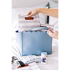 Stylish Diaper Bag Organizing Pouches - XL Set of 4 Gray and White Striped Canvas Diaper Bag Pouches with Leather Embossed Labels, Leather Wristlet Strap & Durable Metal Zippers