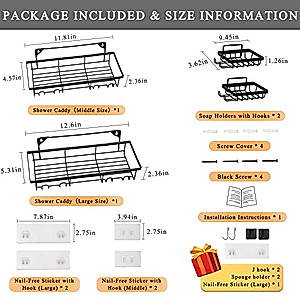 6 Pack Shower Caddy, Bathroom Shower Organizer with 2 Soap Dishes & 2 Sponge Holders, No Drilling Adhesive Shower Shelves with J Hooks, Wall-Mounted Shower Shelf for Inside Shower & Kitchen