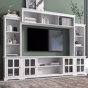 YISUYA Minimalism Style Entertainment Wall Unit with Bridge, TV Stand, Modern TV Console Table for TVs Up to 70”, Multifunctional TV Stand with Tempered Glass Door, Multifunctional TV Stand, White