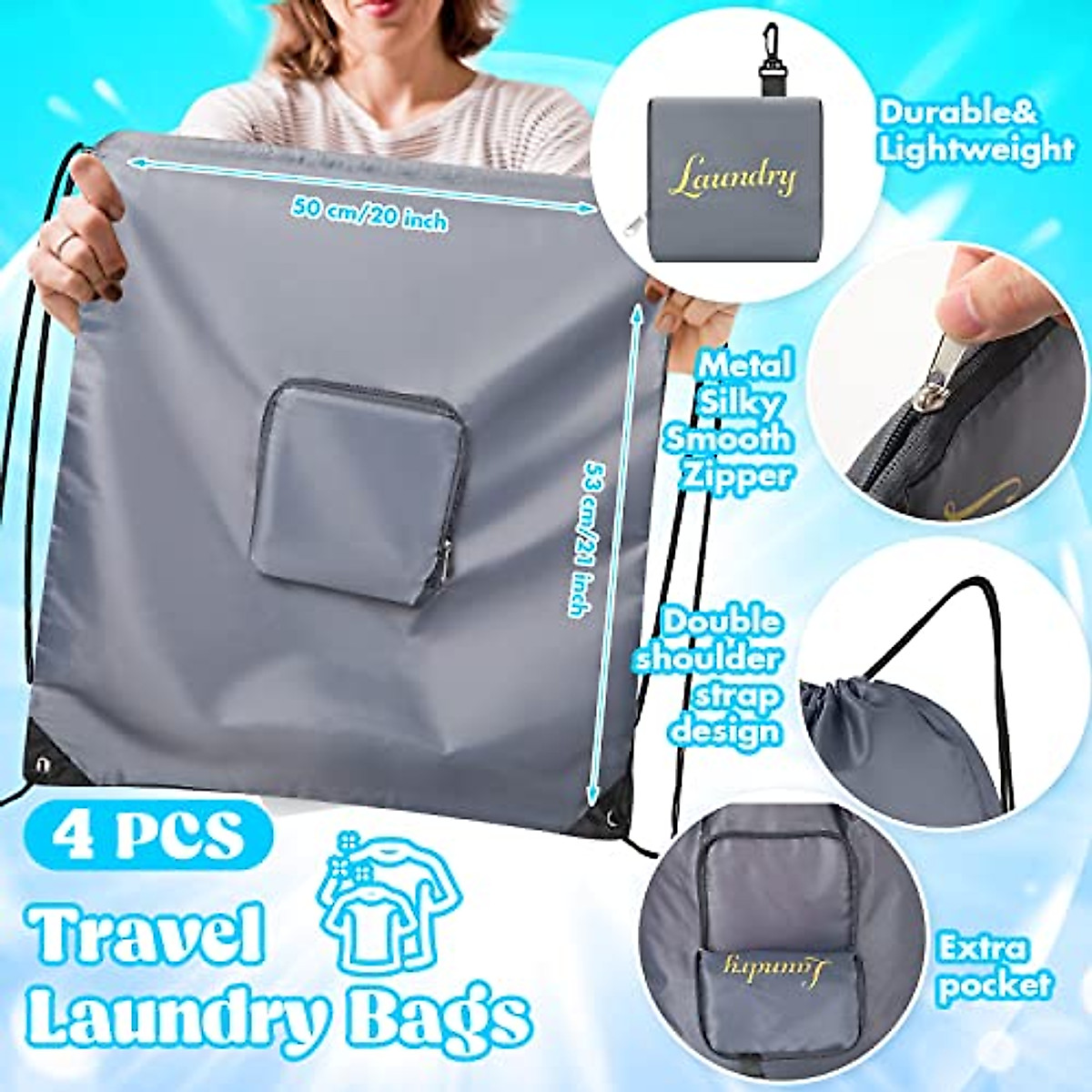 4 Pcs Travel Laundry Bag, Large Dirty Laundry Clothes Bag with Hook and Drawstring for Traveling Suitcase, Expandable and Portable Dirty Clothes Storage Bag for Travel, Camping, Gym, Dorm (Black&Grey)