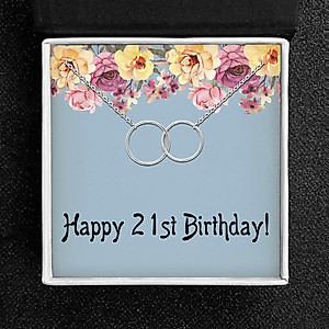 Linked Circles Necklace For Women With Happy 21st Birthday Greeting Card by Ginger Lyne | Sterling Silver Pendant and Chain with Message Card In Logo Black Box | Gifts for Birthday