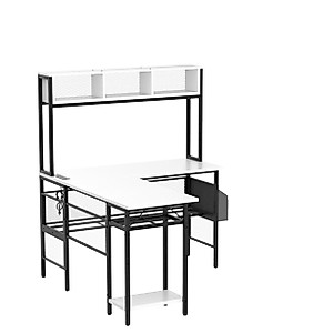 Unikito L Shaped Computer Desk with LED Strip and Power Outlets, Storage Shelves and Bag, Industrial Reversible Gaming Table Writing Corner Desk for Home Office Workstation, White