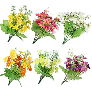 Omldggr 6 Pieces Faux Silk Daisy Artificial Flower Plastic Flowers Plants Plastic Bushes for Indoor Outside Hanging Planter Home Garden Decor (Yellow, Purple, White,Orange,Pink,Green)