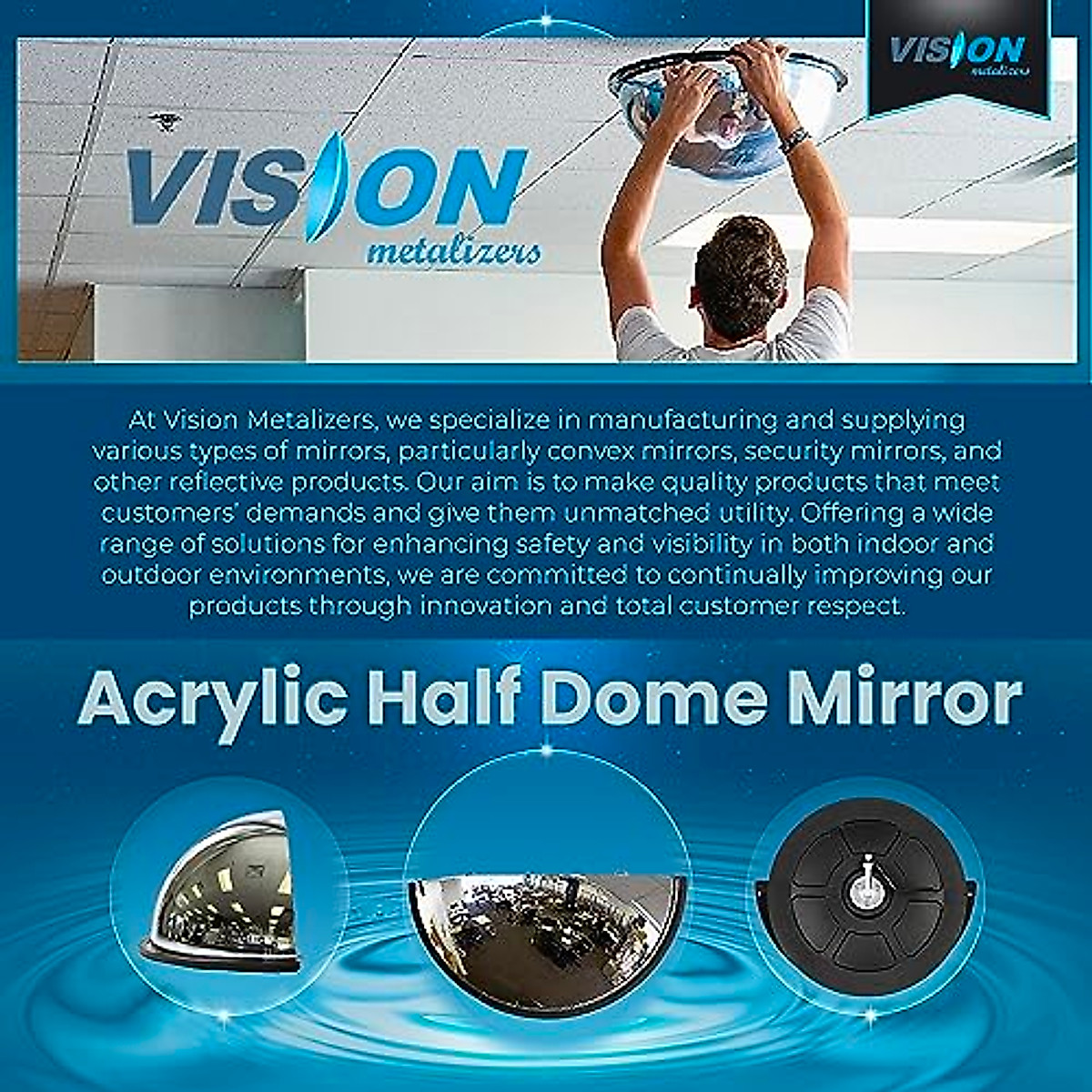 18” Acrylic Bubble Half Dome Mirror with Black Rim, Round Indoor Security Mirror for Driveway Safety Spots, Outdoor Warehouse Side View, Circular Wall Mirror for Office Use - Vision Metalizers (DPB1812)