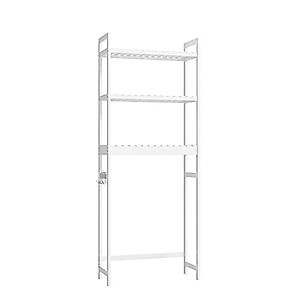 Bamboo Over-The-Toilet Storage Rack, 3-Tier Bathroom Organizer Over Toilet with 6 Hooks, Bathroom Freestanding Shelf for Home, Kitchen, 24.4” L X 10.24” W X 64.17” H, White