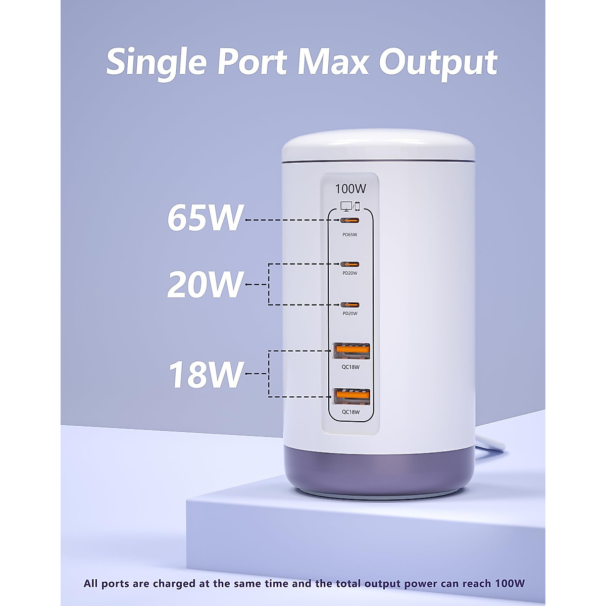 100W USB Tower Charging Station,5 Port USB C Charger Block for Multiple Devices iPhone 15/15 Plus/15 Pro/15 Pro Max/MacBook Air Pro/Samsung/Tablet (Purple)