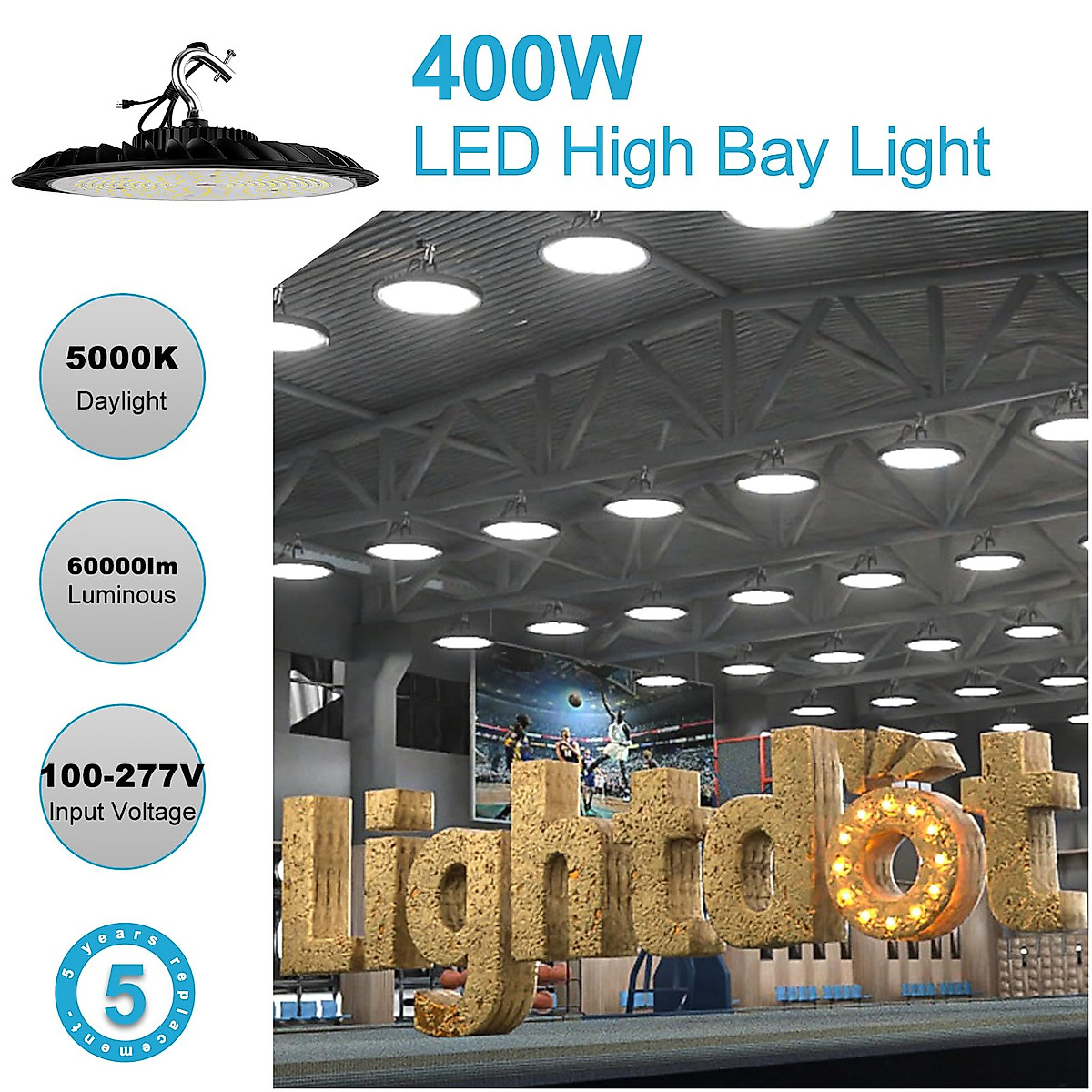 400W LED High Bay Light 60000LM (Eqv.1600W HPS) 0-10V Dimmable Commercial Bay Lighting, AC100-277V 5000K High Bay LED Light for 30~55FT-5 Pack